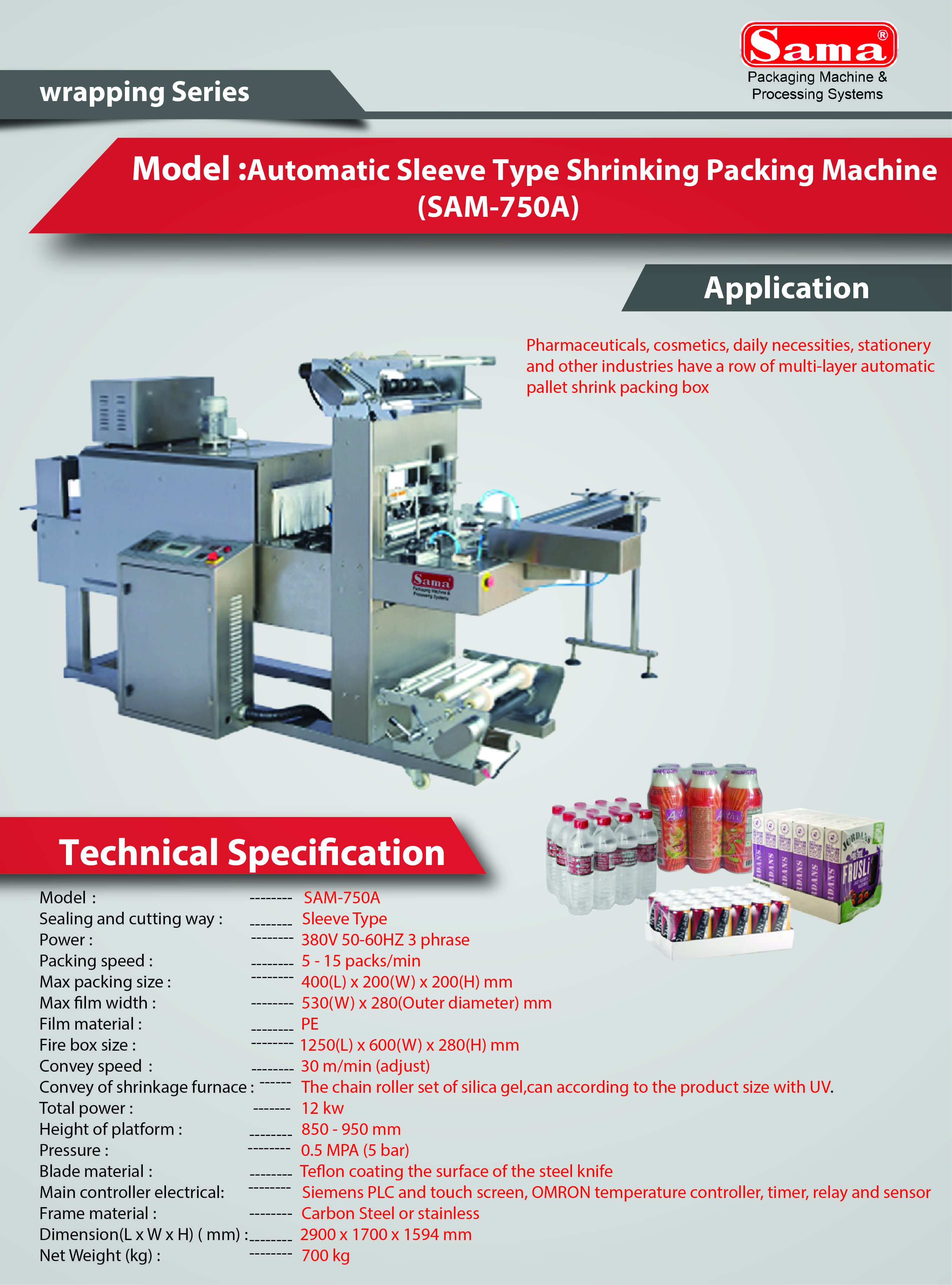 Automatic Sleeve Type Shrinking Packing Machine Sam 750a